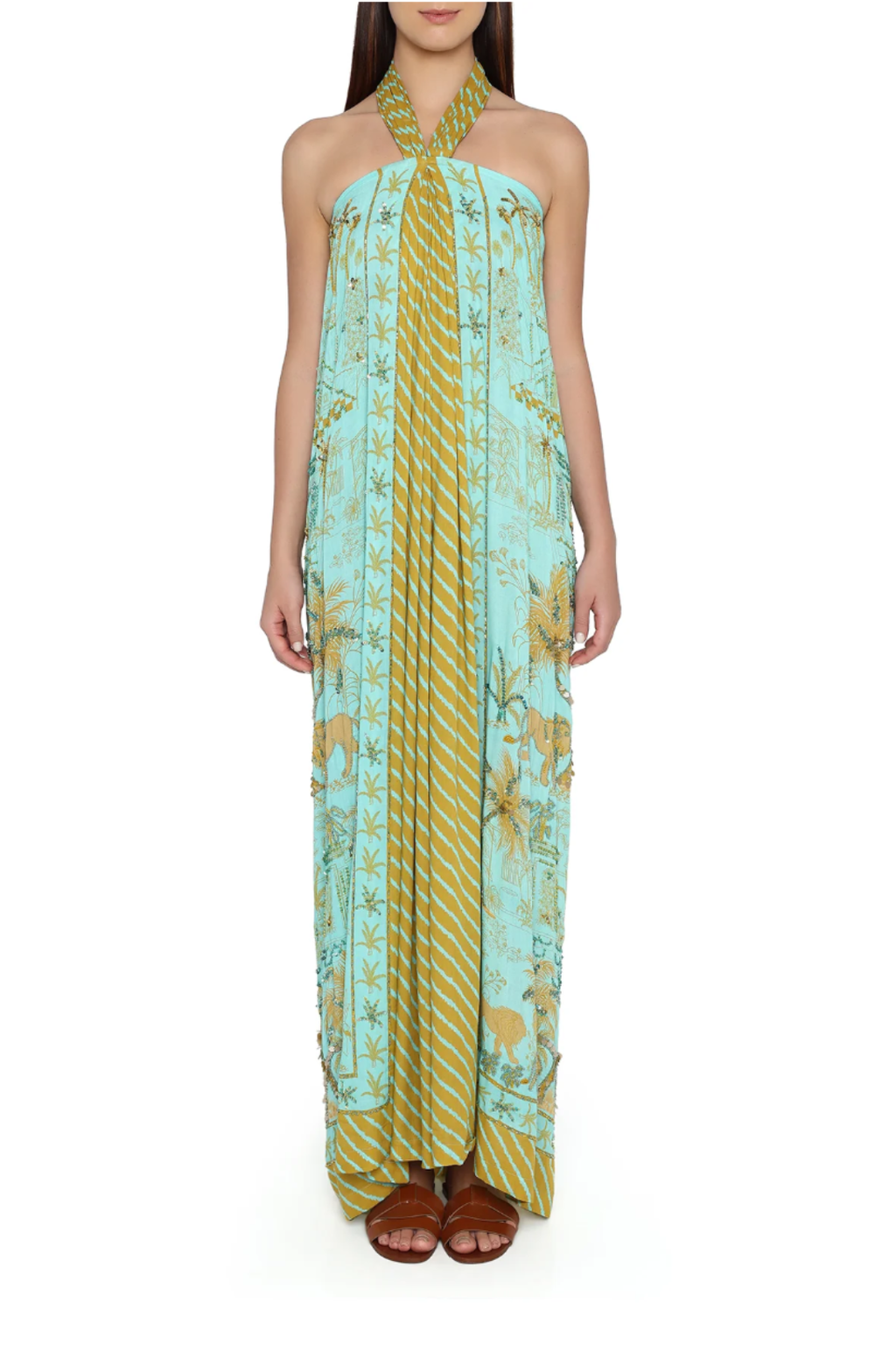 Hand Beaded Safari Halter Gown | Mustard and Aqua Lanka Panel ...