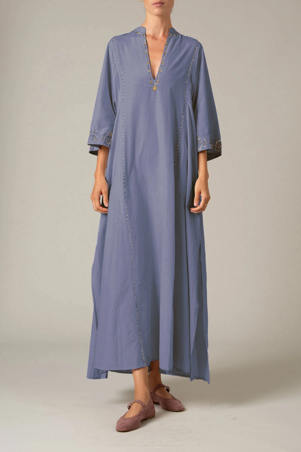 Rachel Palazzo Embroidery Long Kaftan | Storm Blue – Valentines Austin