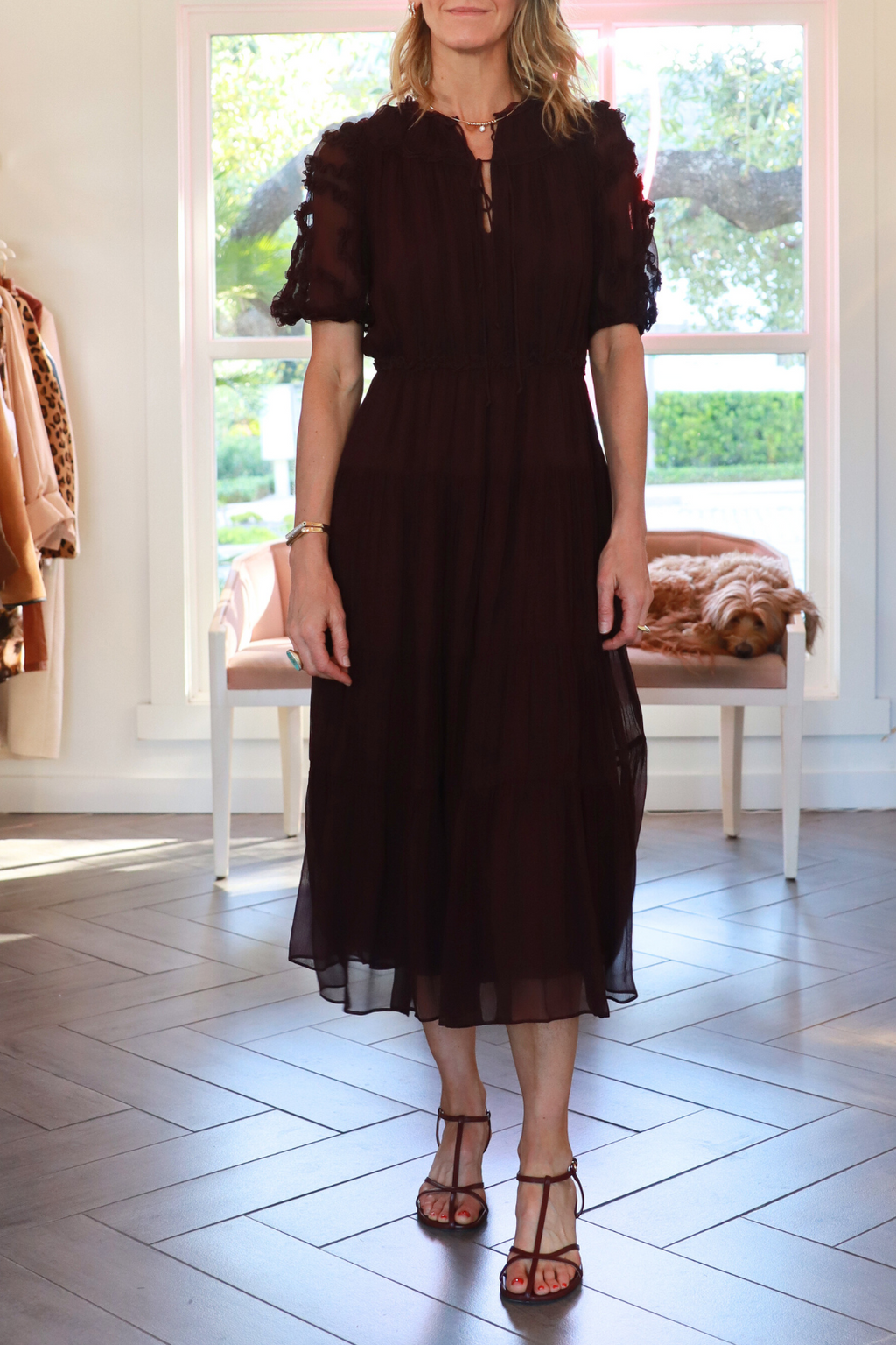 Nan Silk Short Sleeve Midi Dress | Mahogany – Valentines Austin